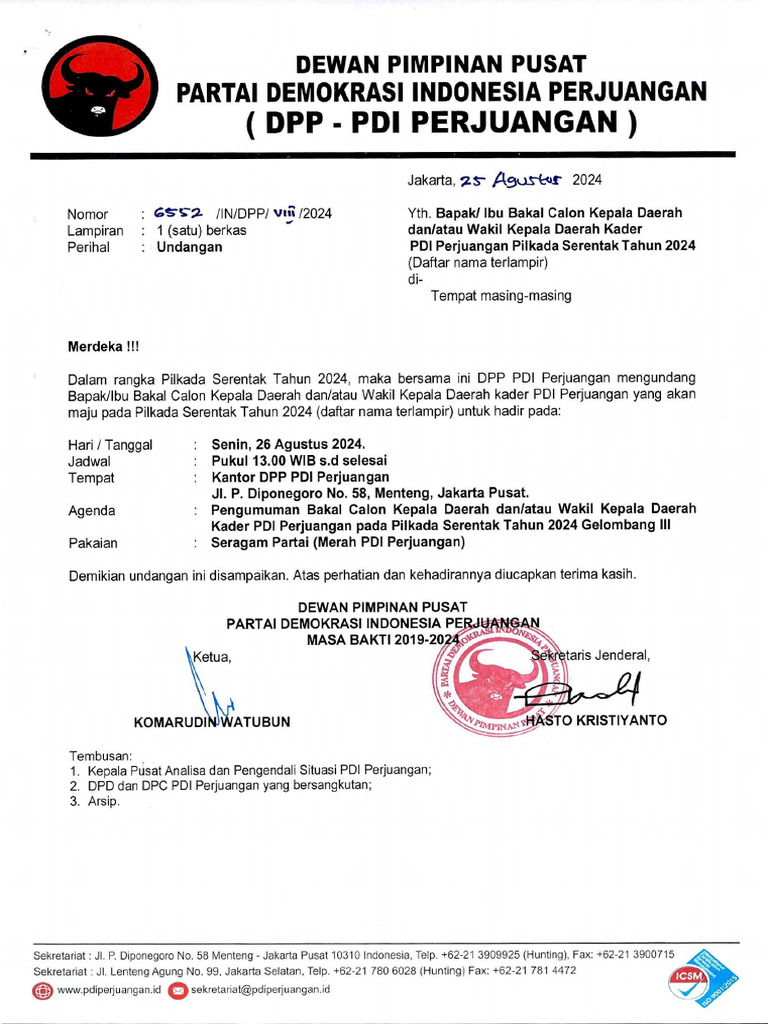 Surat Internal No. 6552 - Undangan Pengumuman Bakal Calon Kepala Daerah Gel 3 Pada Tanggal 26 ...