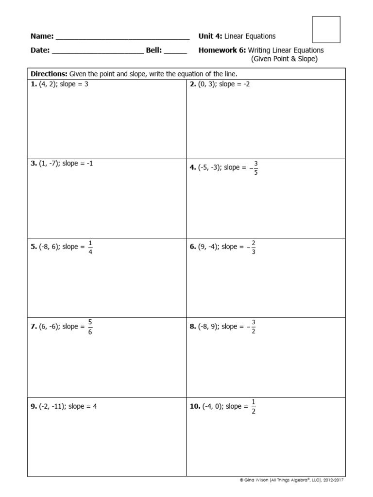 Writing Linear Equations Given A Point and A Slope HW | PDF