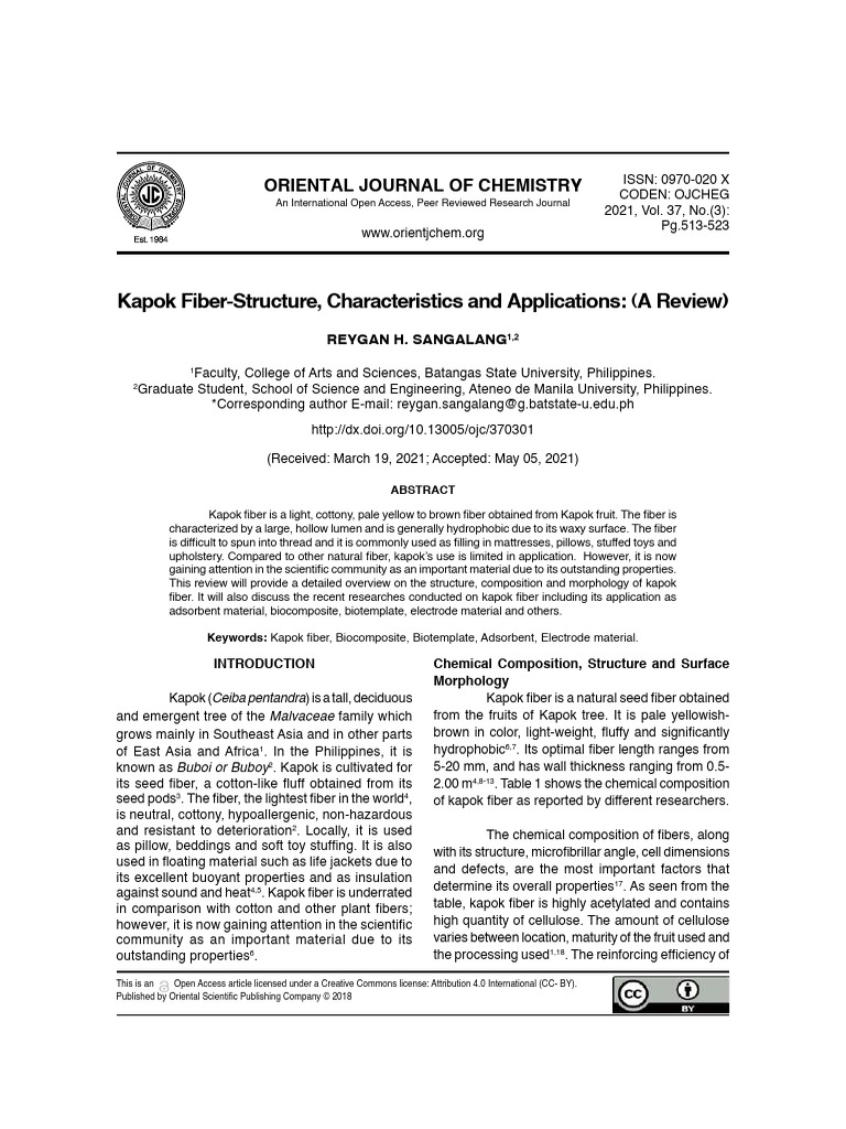 Kapok Fiber Structure Characteristics An | PDF
