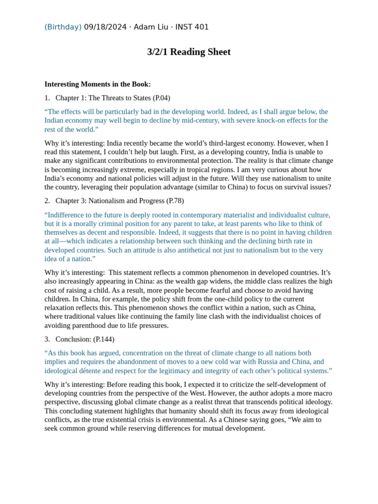 3:2:1 Reading Sheet | PDF