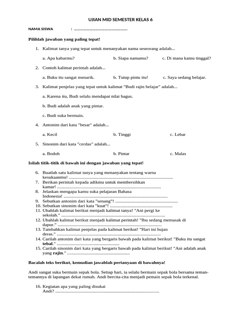 UJIAN MID SEMESTER KELAS 6 (Bahasa Indonesia) | PDF | Kajian Bahasa Asing | Griya & Taman