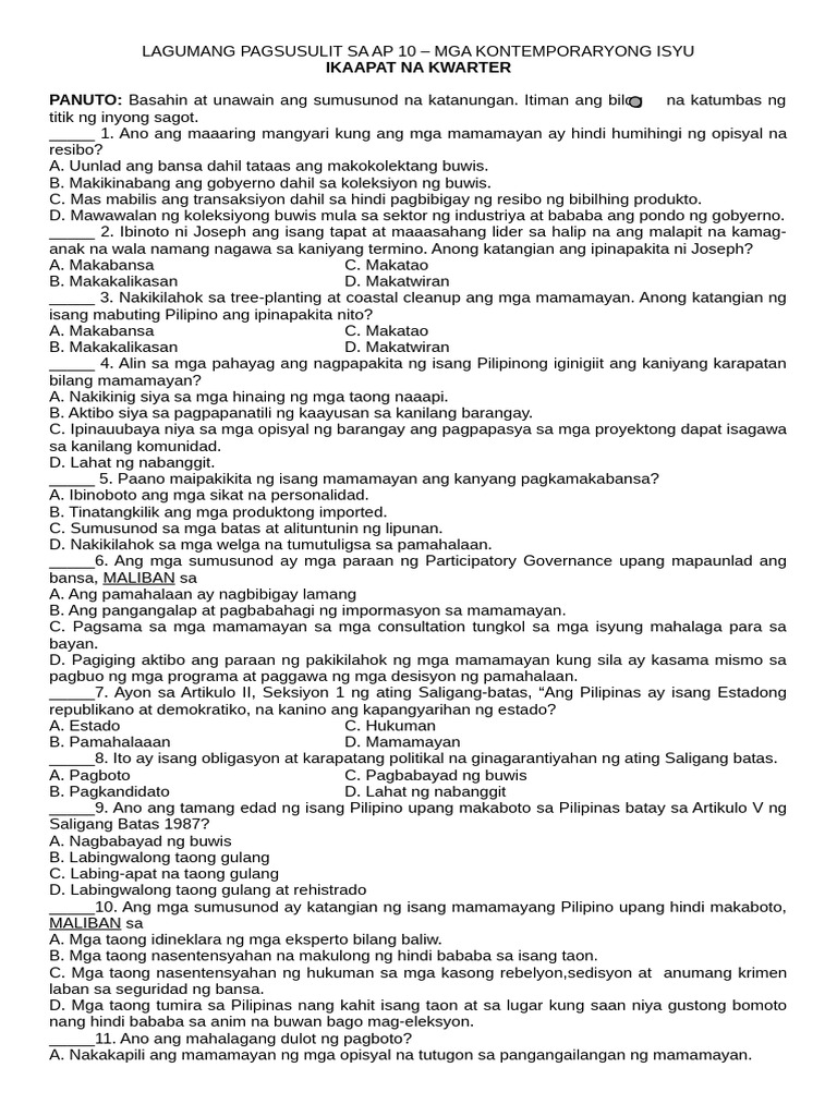 AP10 4th Quarter 4 Periodical Test Reviewer | PDF