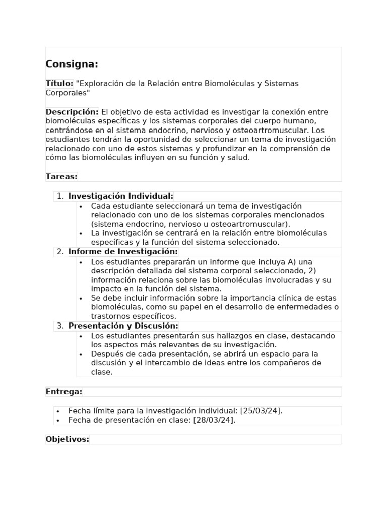 Consigna Primer Tp-Diagnostico. Biomoleculas y Sistemas | PDF