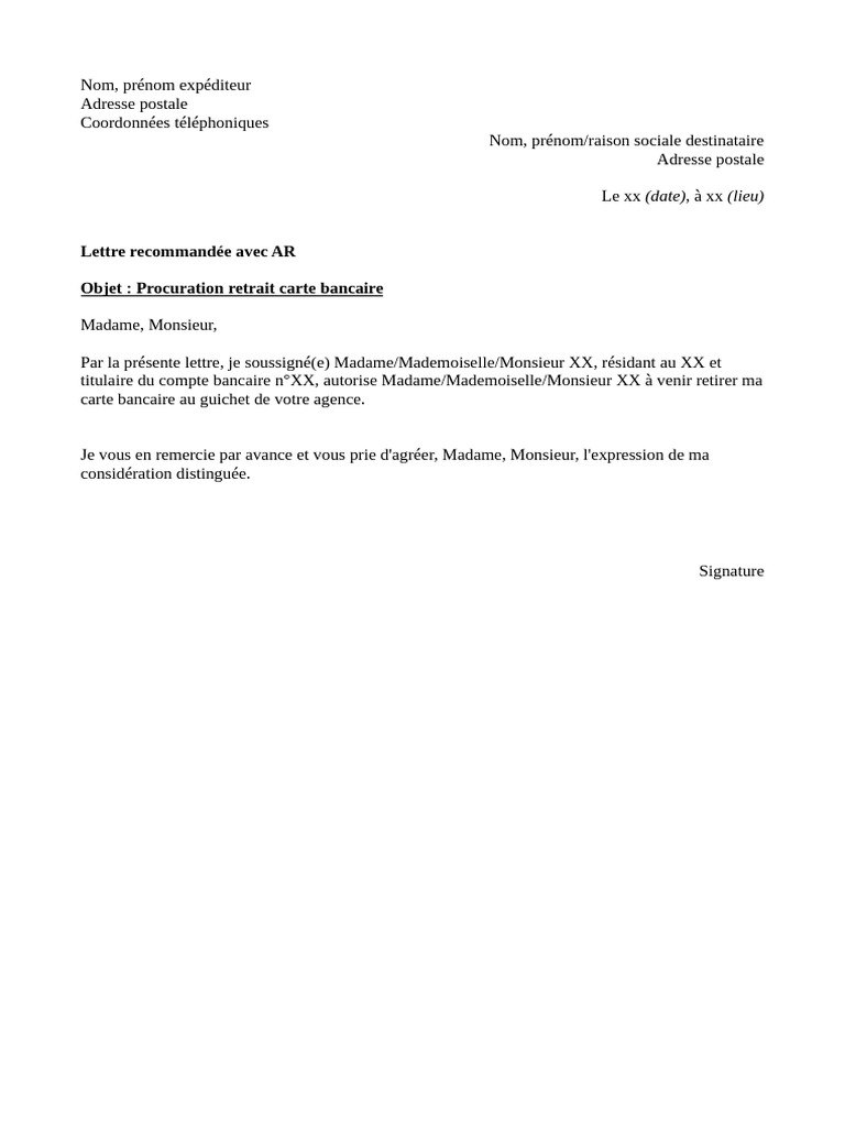 Lettre Retrait Carte Bancaire | PDF