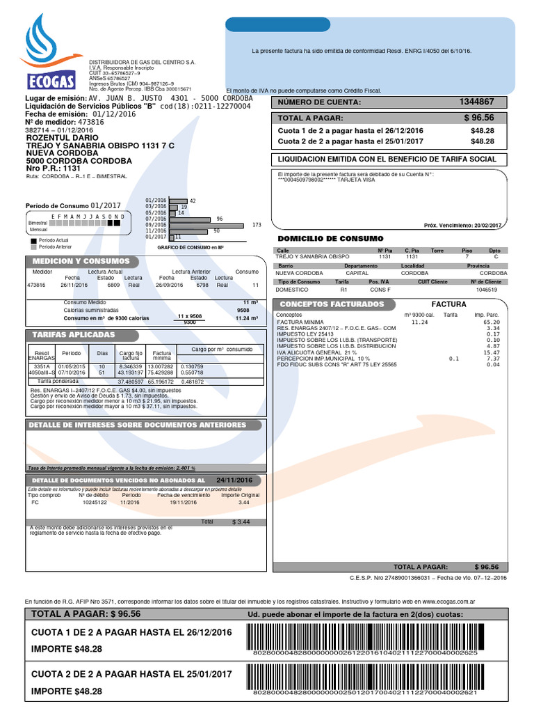 Factura Debito ECOGAS Nro 12270004 | PDF