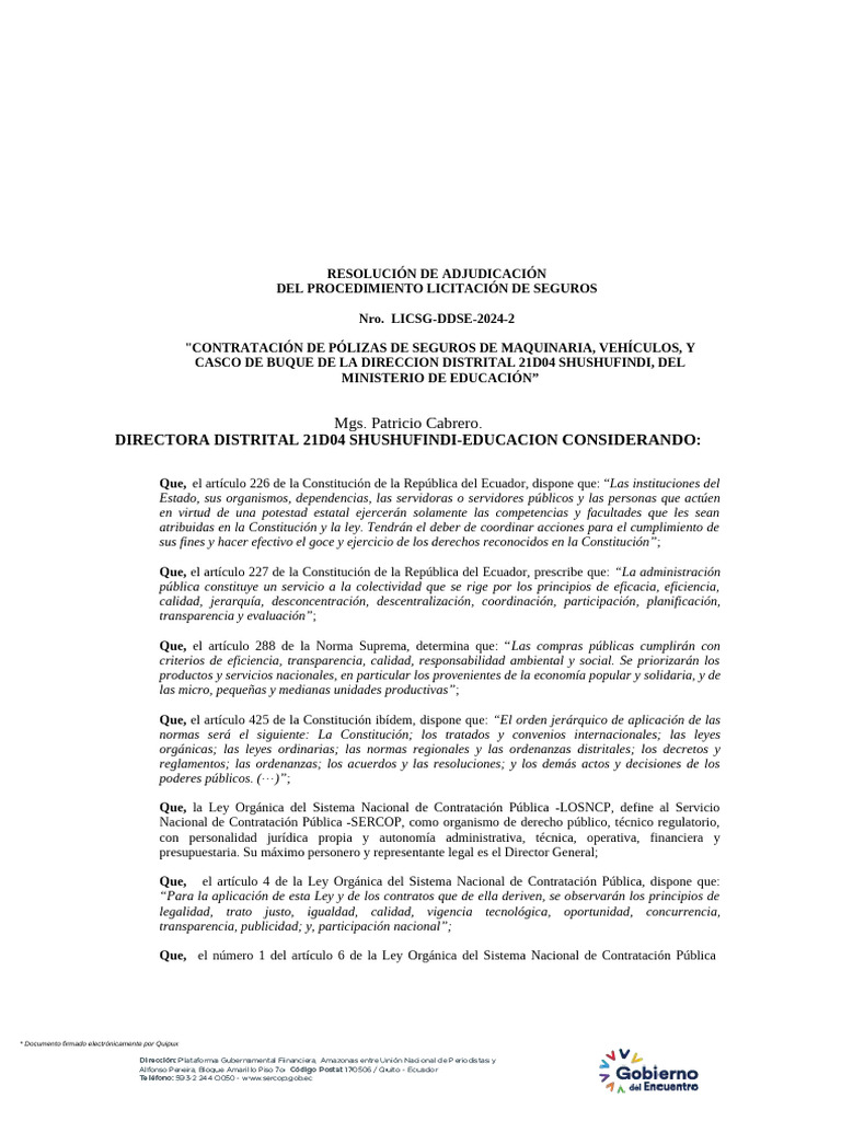 Resolucion de Adjudicacion Seguros Distrito 02 2024 | PDF | Regulación | Póliza de seguros