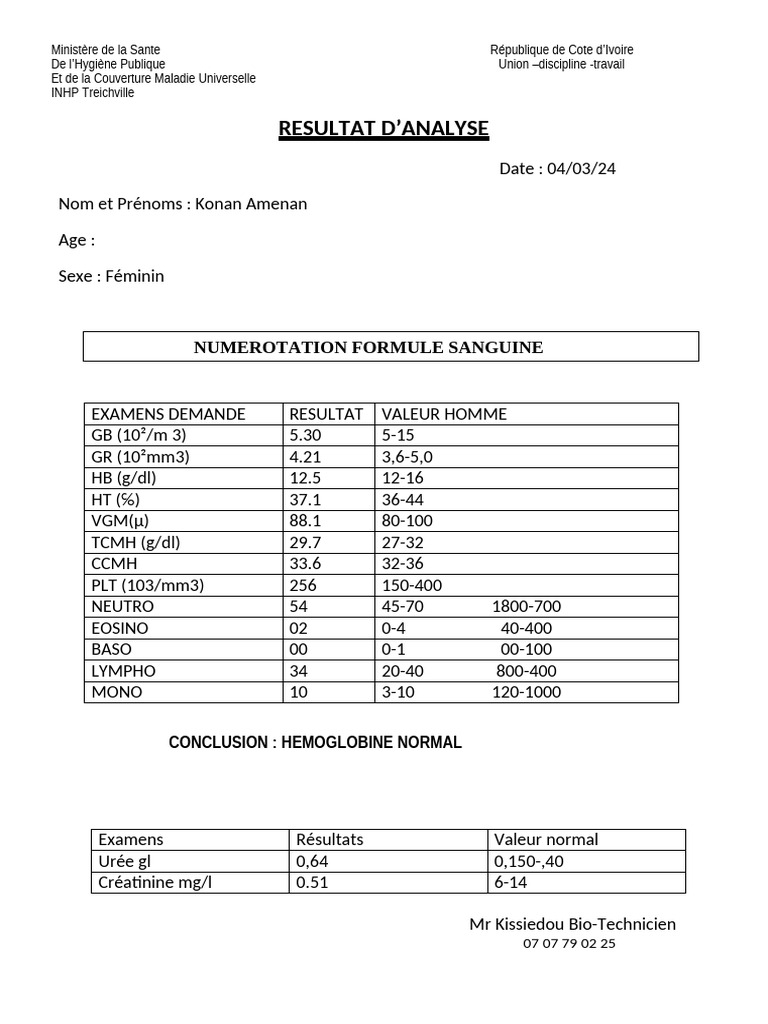 Resultat D'Analyse: Numerotation Formule Sanguine | PDF