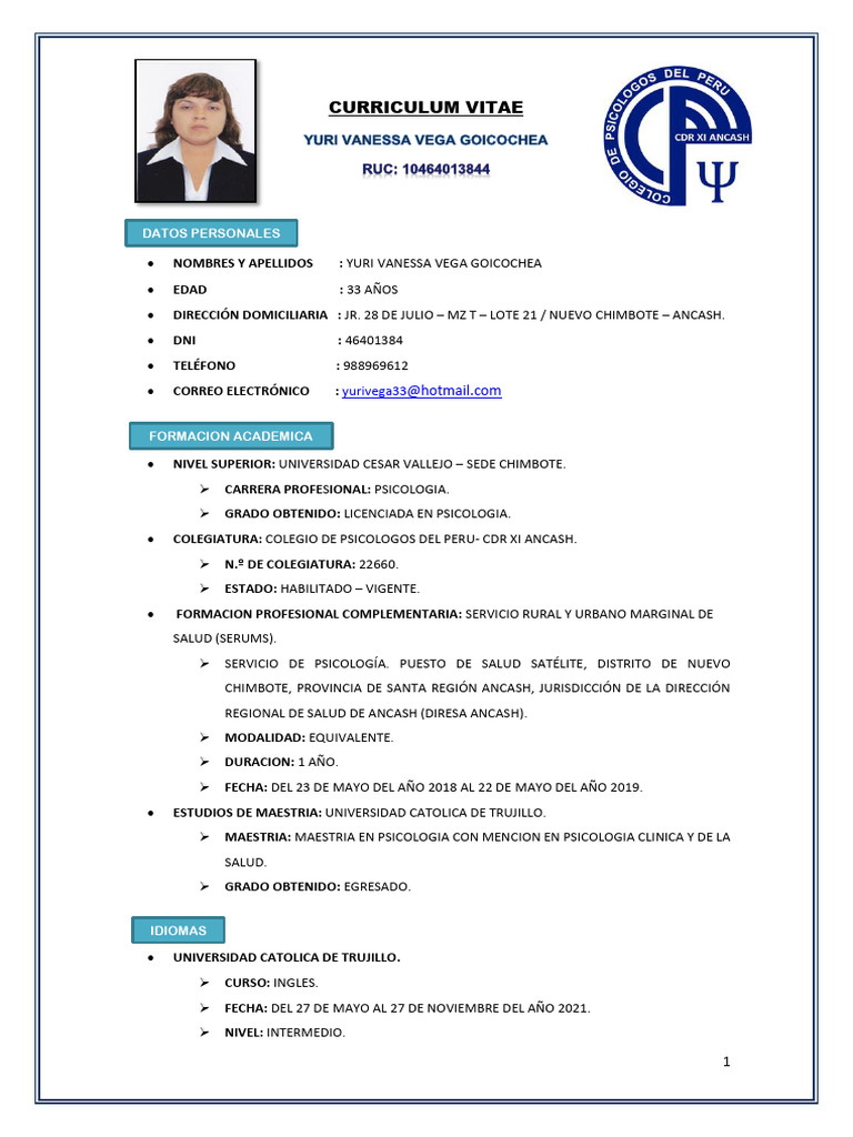 Curriculum Vitae - Yuri Vega Goicochea - 2023 | PDF