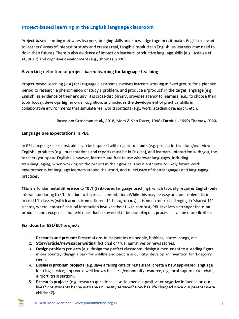 Project-Based Learning in ESL Classrooms | PDF | English As A Second Or ...