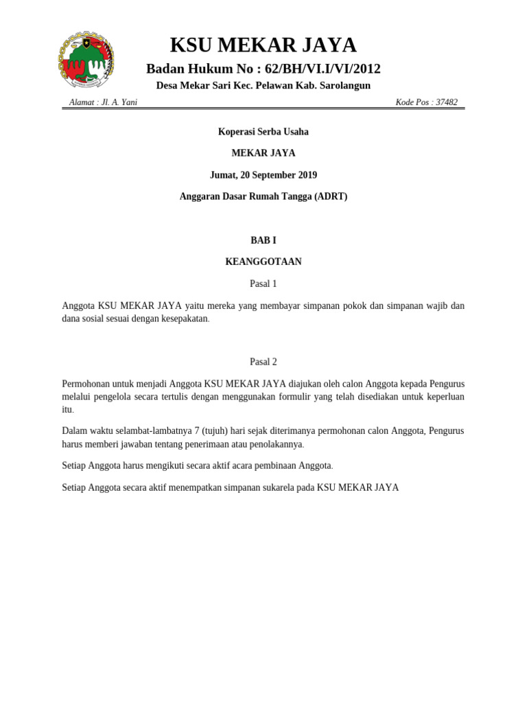 AD ART KSU Mekar Jaya | PDF