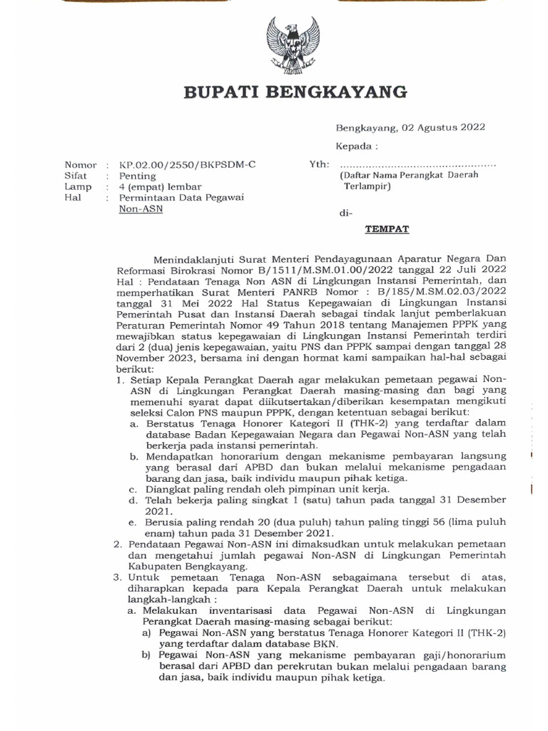 Surat Permintaan Data Pegawai Non Asn Bky | PDF