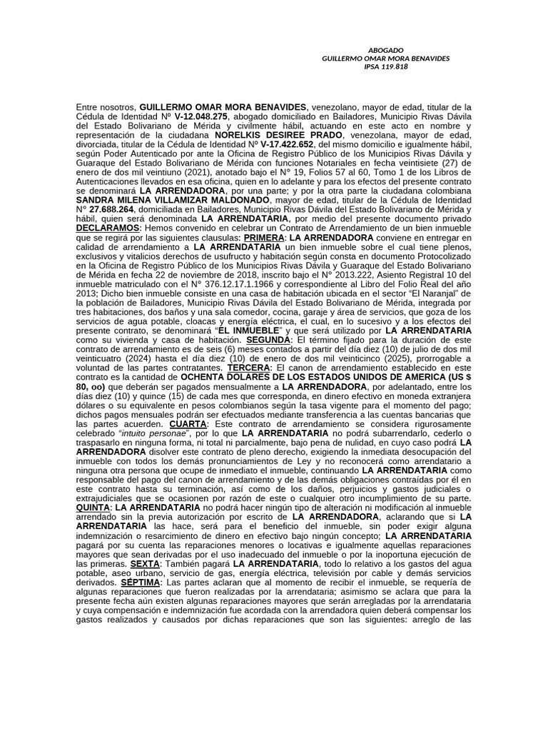 Contrato de Arrendamiento: Sandra Villamizar | PDF | Daños y perjuicios | Documento de identidad