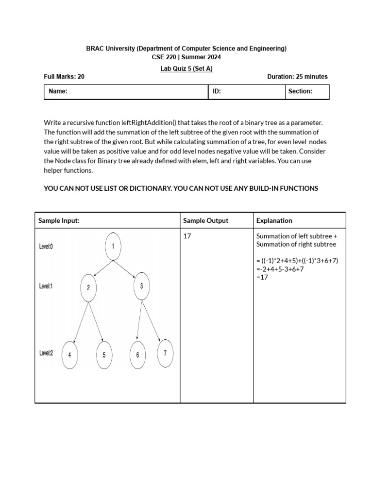 CSE 220 Lab Quiz 5 SET A | PDF
