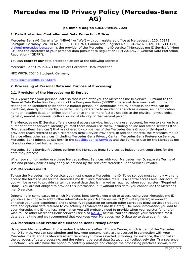 Mercedes Me ID Privacy Policy (Mercedes-Benz AG) | PDF