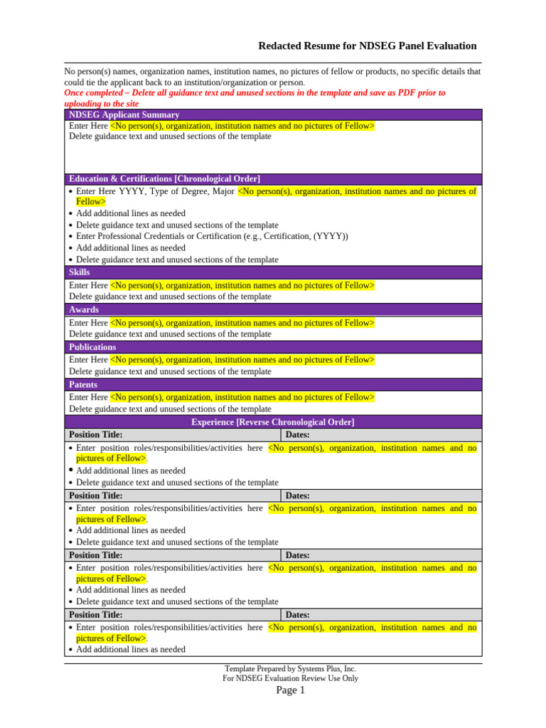 NDSEG Application Redacted Resume Template | PDF