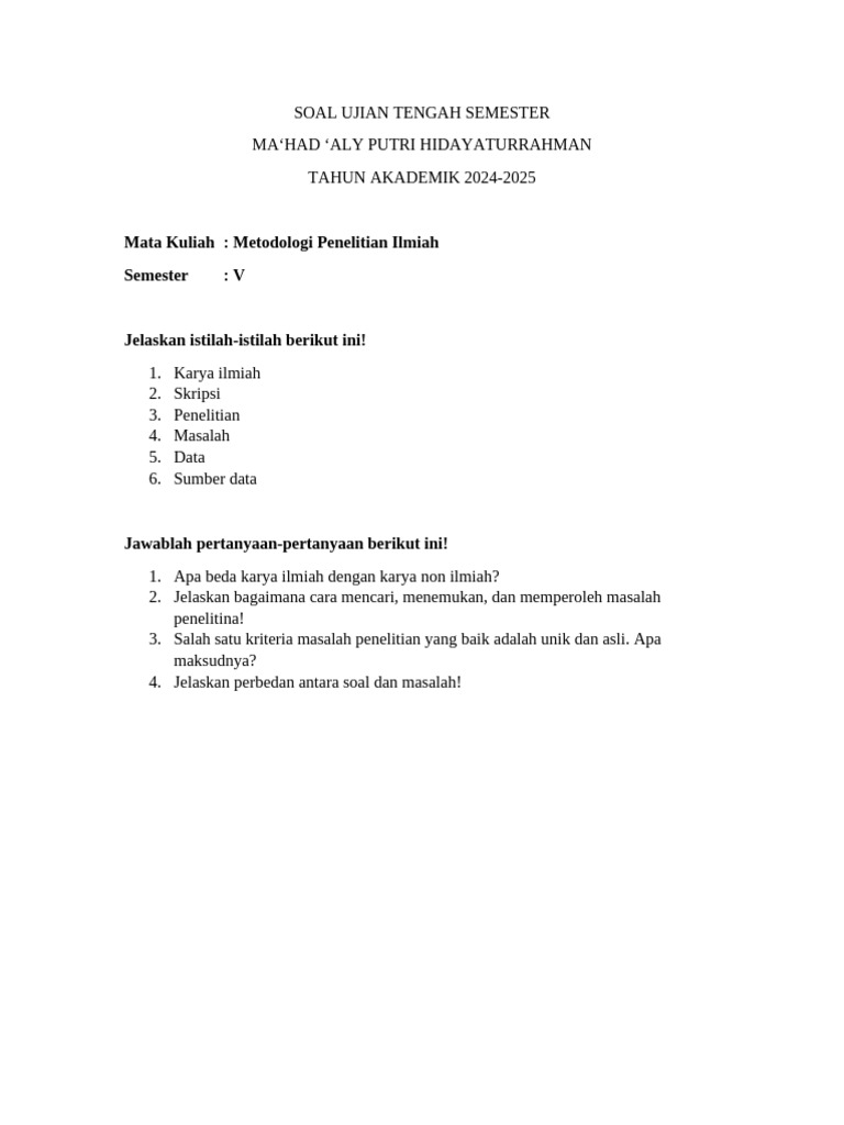 Soal Uts Metodologi Penelitian - September 2024 | PDF