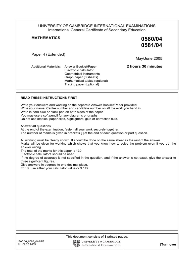 June 2005 QP - Paper 4 Cie Maths Igcse | PDF