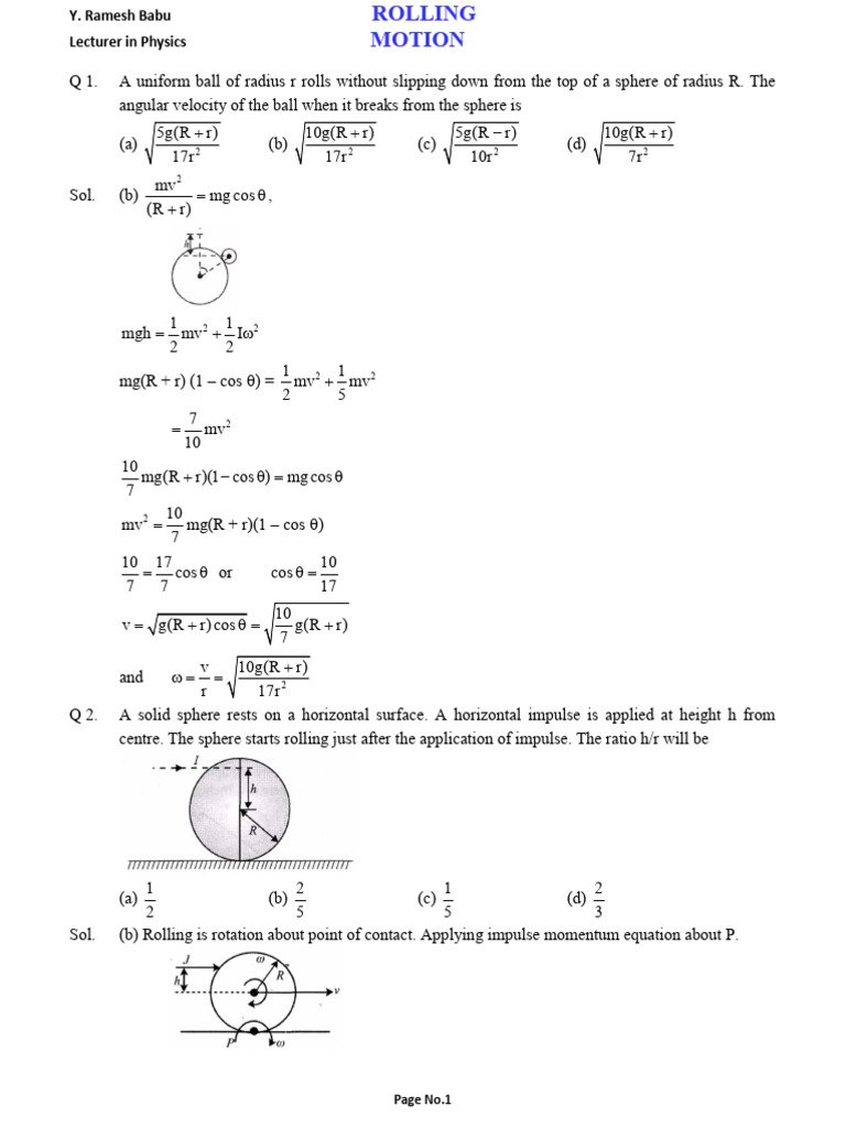 2024 - Rolling - Motion & Rotational - K.E - Problems - From - Cengage ...