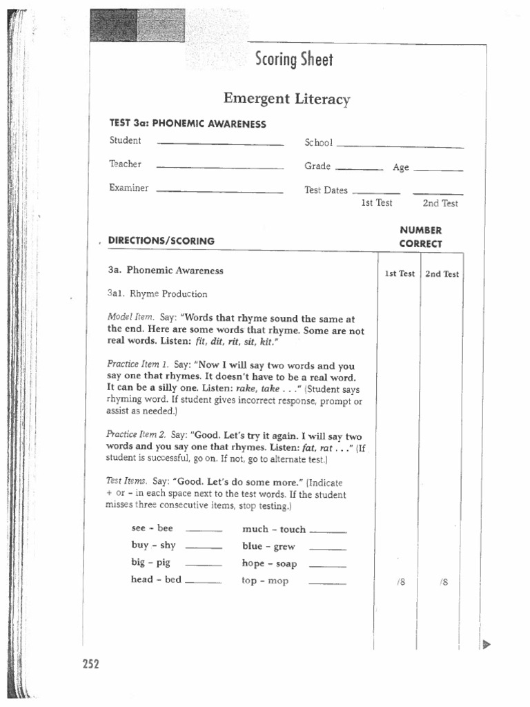 Ekwall and Shanker Emergent Literacy Scoring Sheet | PDF