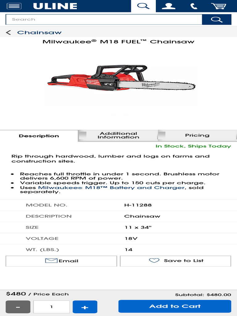 Milwaukee® M18 FUEL™ Chainsaw H-11288 - Uline | PDF