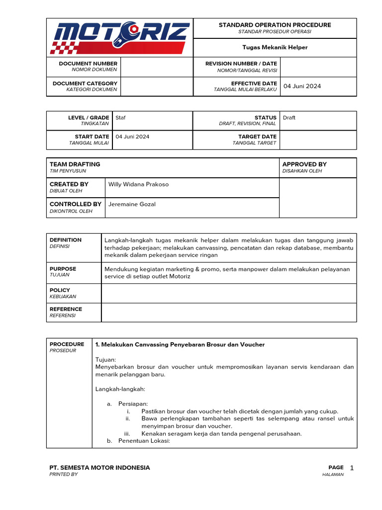 SOP (Standard Operating Procedure) Tugas Mekanik Helper | PDF