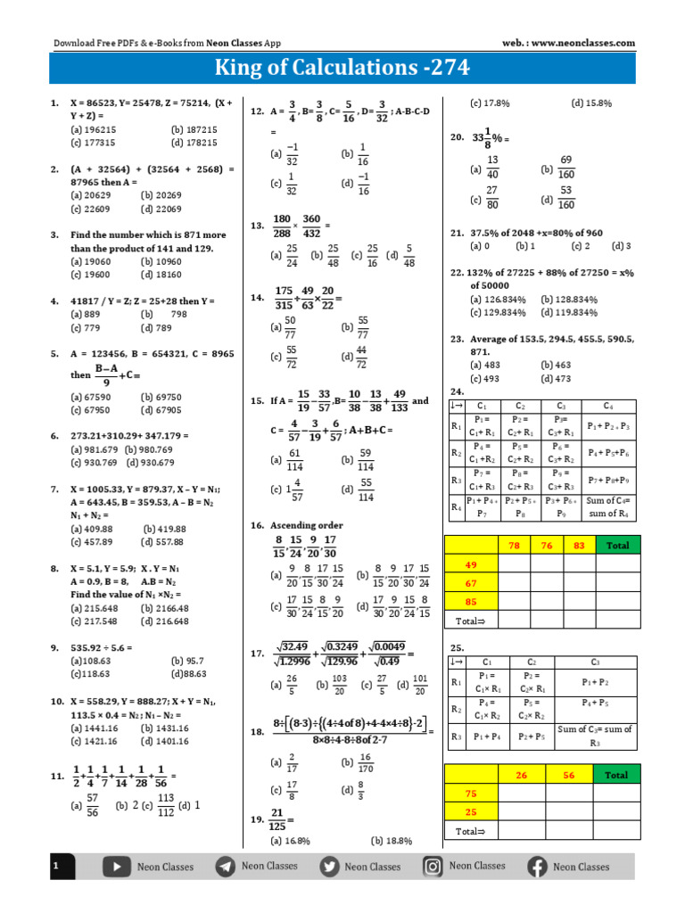 King of Calculations Sheet - 274 | PDF