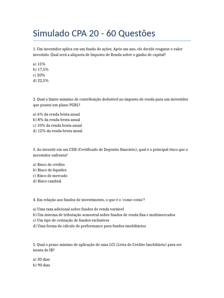 Simulado CPA 20 60 Questoes Completo | PDF | Inversiones | Negocios