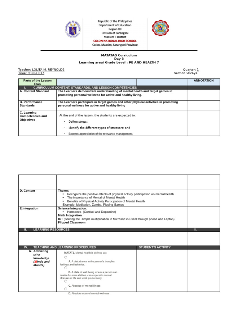 Detailed LP :CO1 Common Stressors On Students 1st Q | PDF | Stress (Biology) | Learning