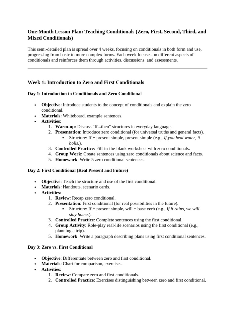 One-Month Lesson Plan: Teaching Conditionals (Zero, First, Second ...