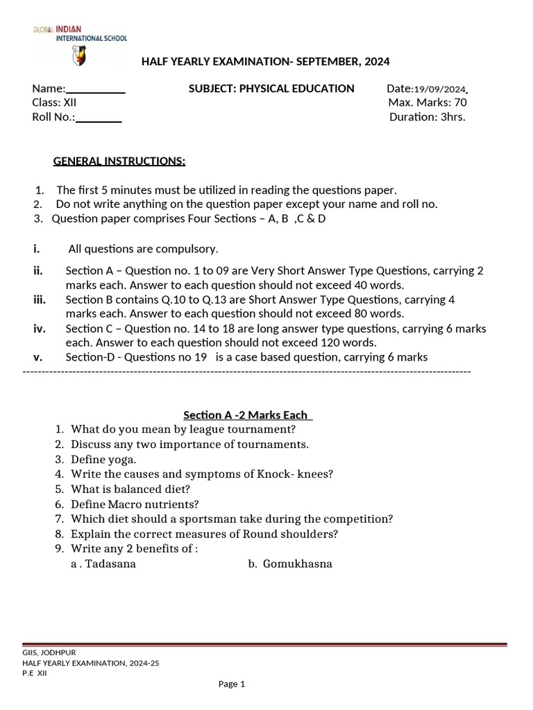 Class 12 PE HY Paper | PDF