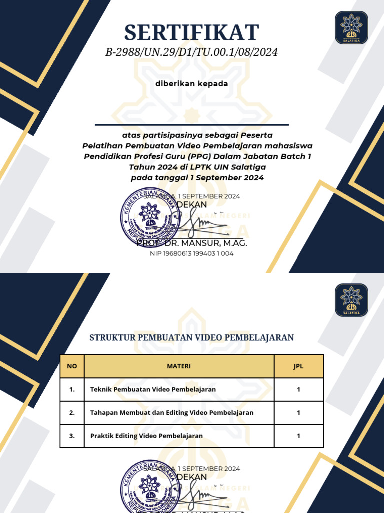 Sertifikat Pelatihan Pembuatan Video Pembelajaran Batch 1 2024 | PDF