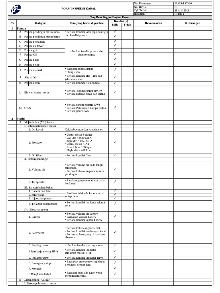 F.ms-pST-10 Inspeksi Kapal (Engine Room) | PDF