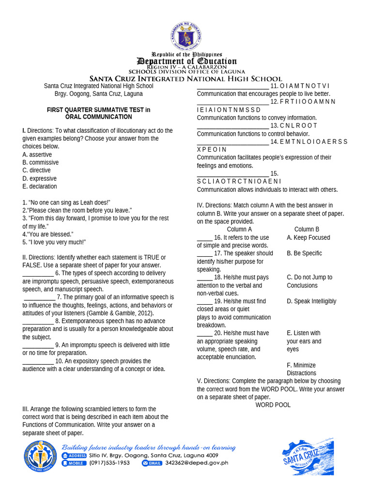 1st Quarter Summative Test in Oral Communication - Answer Key | PDF ...