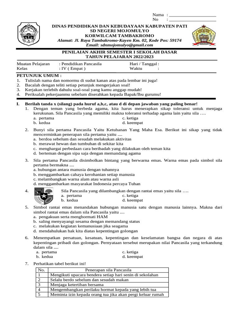 SOAL PTS Pend. Pancasila KELAS 4 | PDF