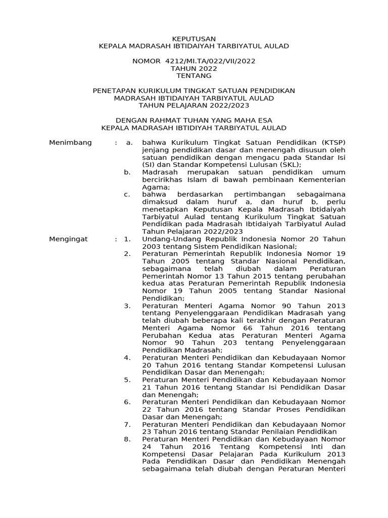 10 - SK Penetapan Dokumen KTSP MA - MTs - MI | PDF