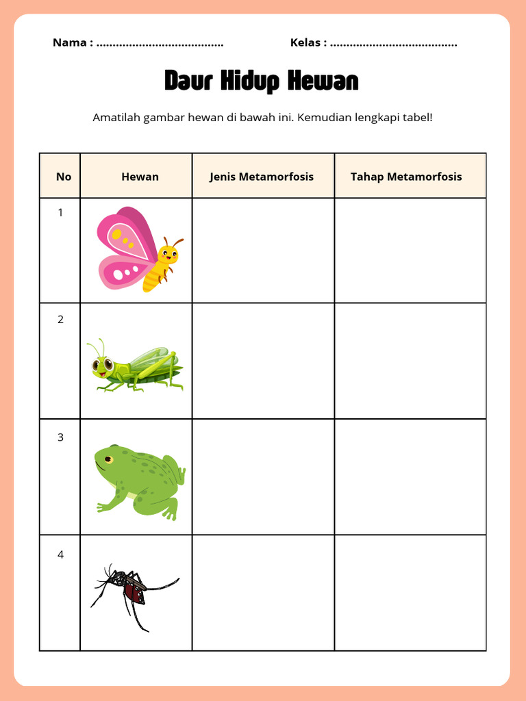 Pink Putih Ilustrasi Ipa Biologi Tabel Daur Hidup Hewan Lembar Kerja | PDF