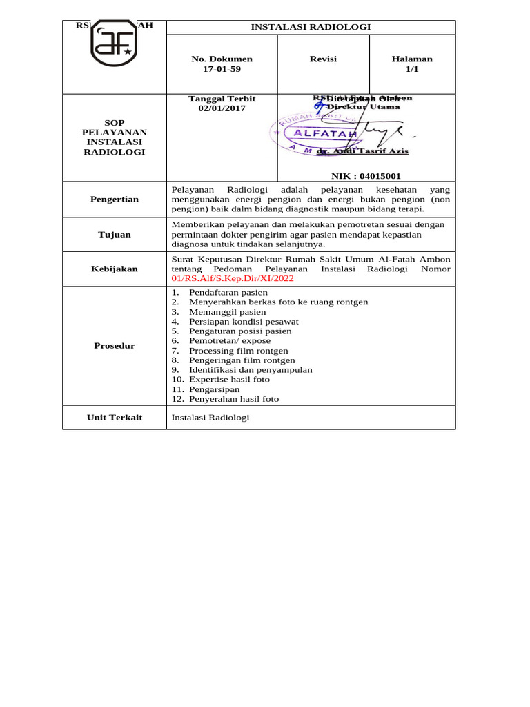 SOP Instalasi Radiologi | PDF