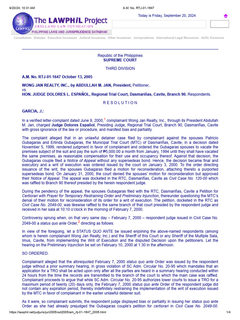 Wong Jan Realty, Inc. v. Espanol | PDF | Injunction | Politics