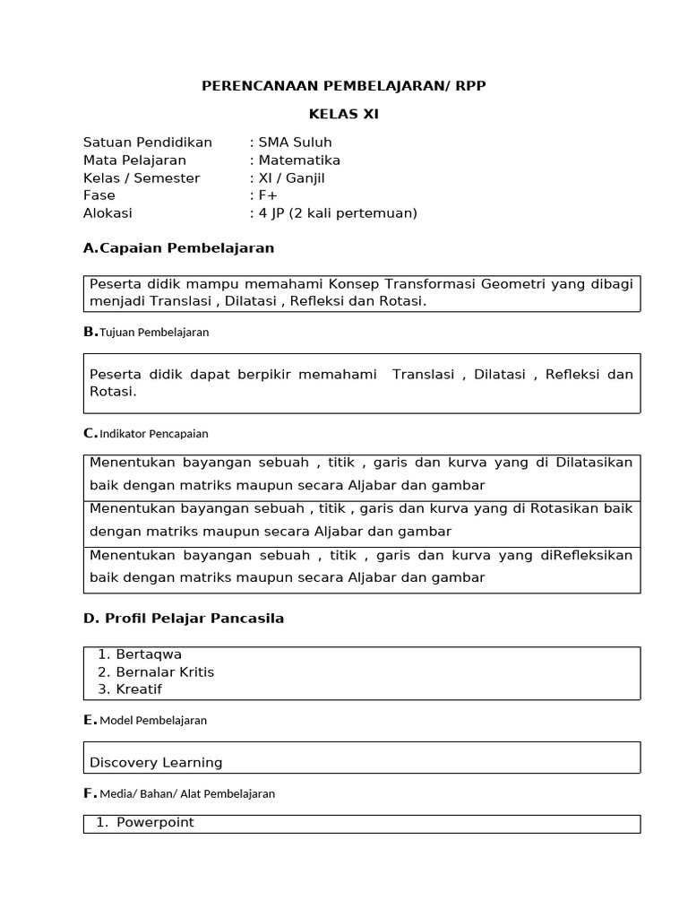 RPP Fase F Ganjil 23 Transformasi | PDF