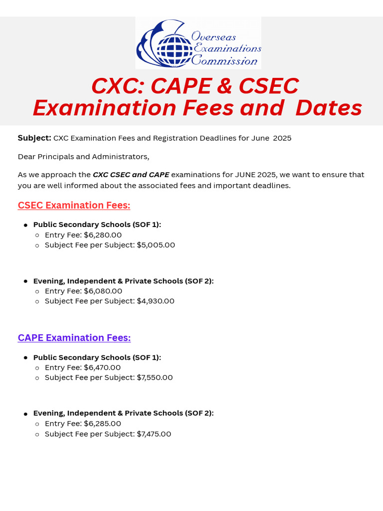 Memo CXC Examination Fees and Important Dates | PDF