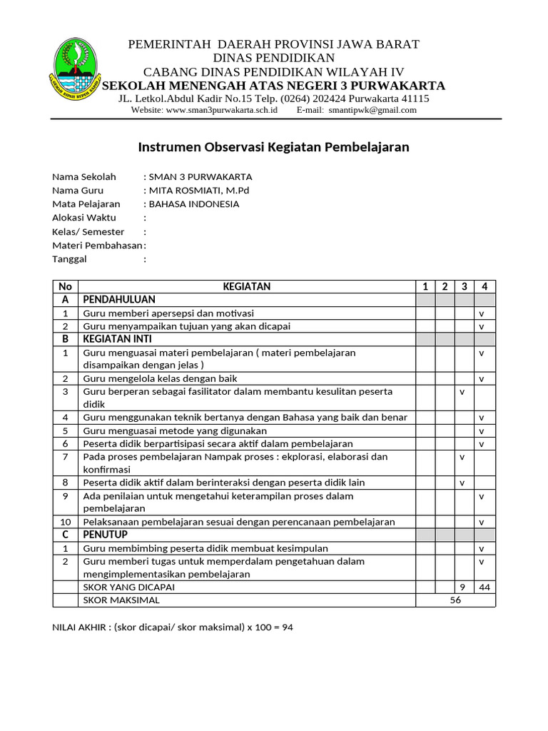 Instrumen Observasi Kegiatan Pembelajaran | PDF