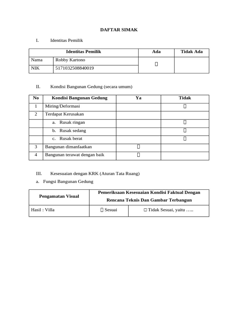 Daftar Simak - Villa Apuh B.1 | PDF