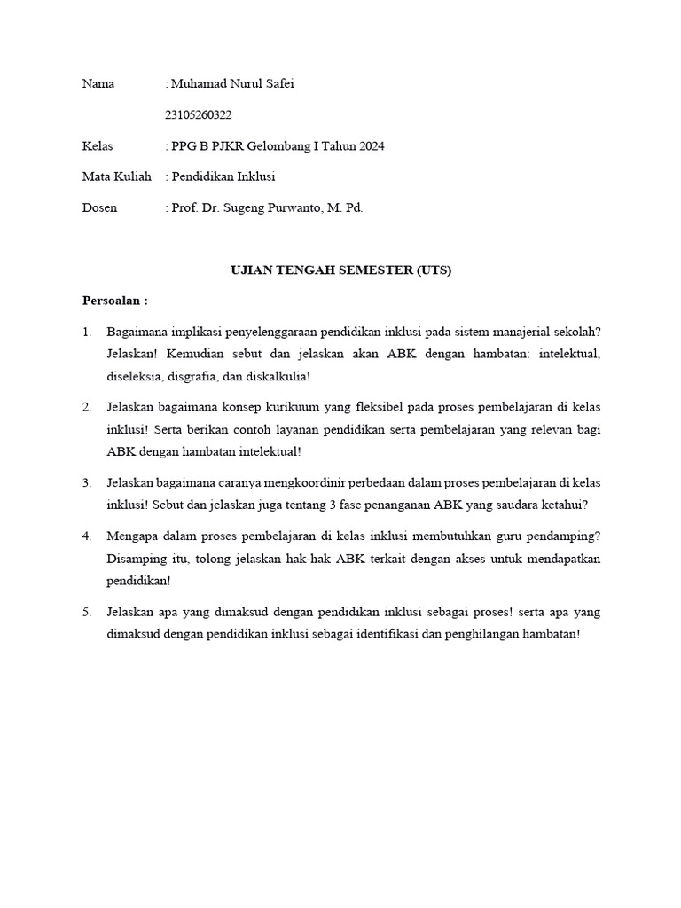 Uts Inklusi Muhamad Nurul Safei 1 | PDF
