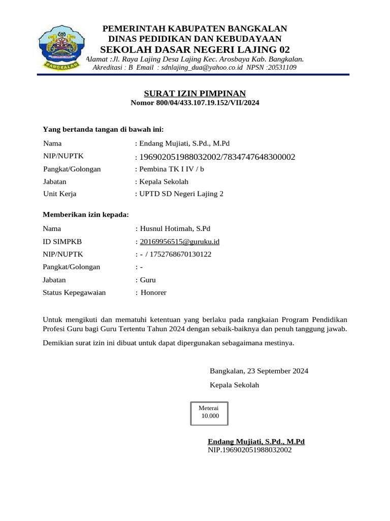 Surat Izin PPG Bu Husnul | PDF