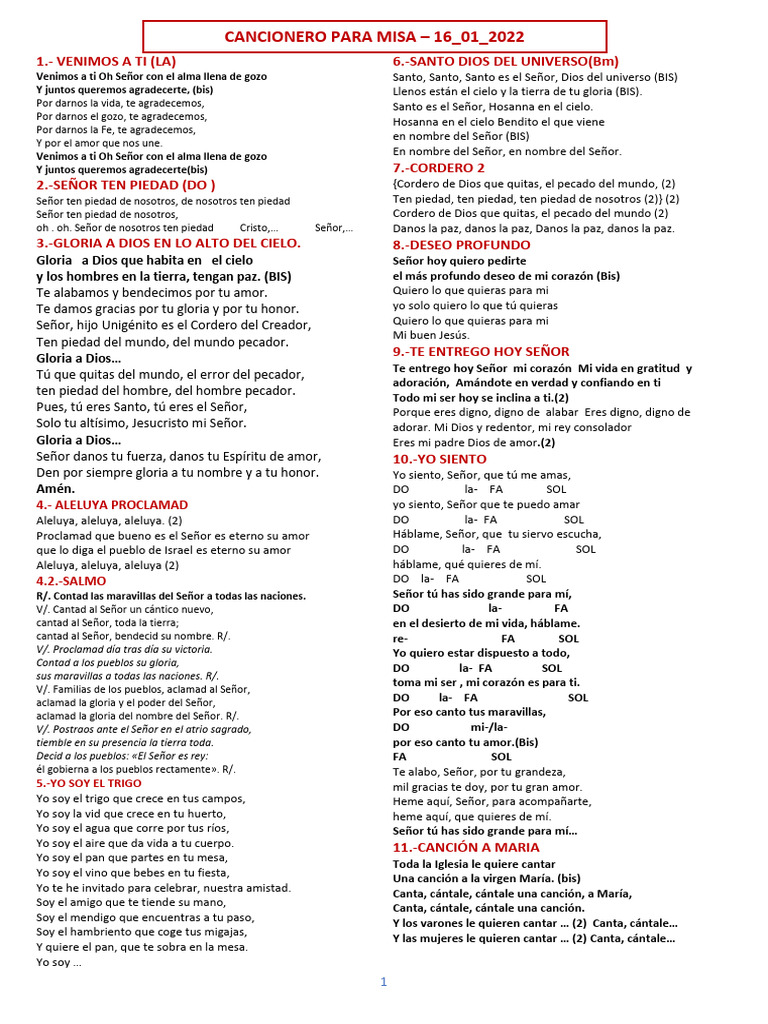 Canciones Misa 16 - 01 - 2022 | PDF | Pecado | Creencia religiosa y doctrina