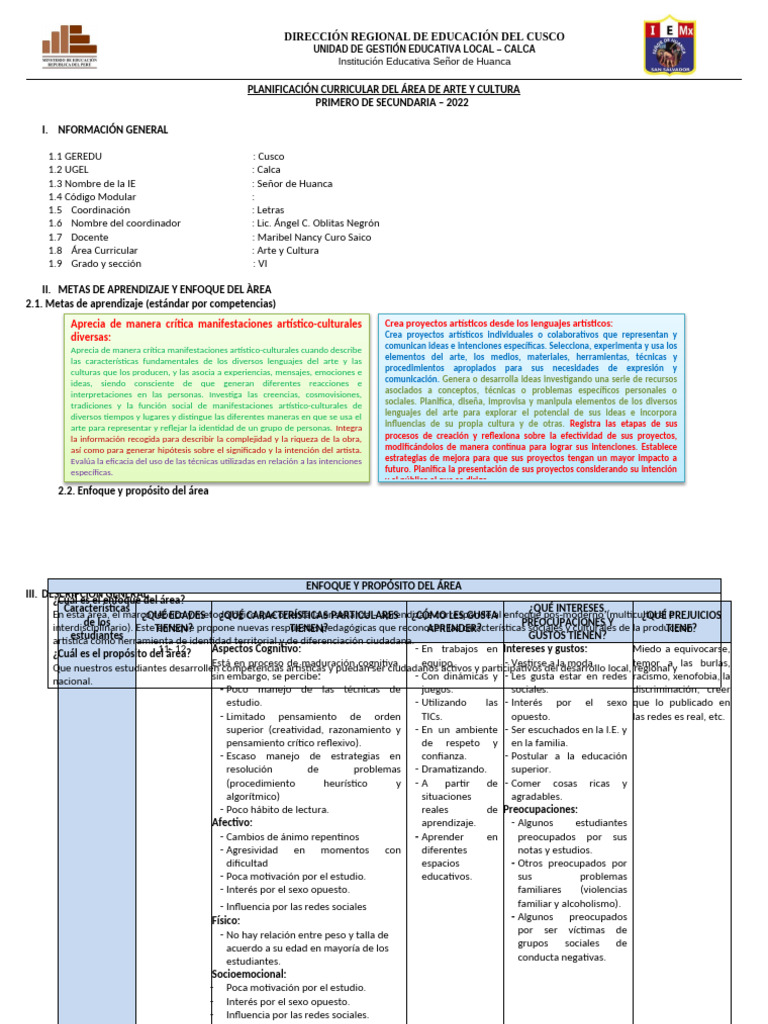 Planificaciones Curriculares Arte Ciclo Vi Prof. Maribel Curo Saico | PDF | Evaluación | Arte