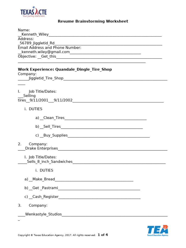 Resume Brainstorming Worksheet | PDF