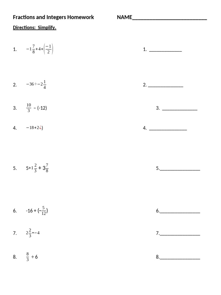Mixed Fraction and Integer Operations Practice Worksheet | PDF