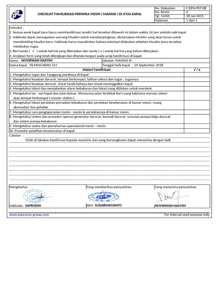 F.dpa-Pst-08 - Checklist Familirisasi Perwira Mesin (Masinis) Di Atas ...