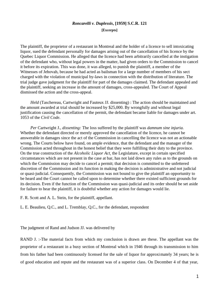 Roncarelli V Duplessis (Excerpts) | PDF